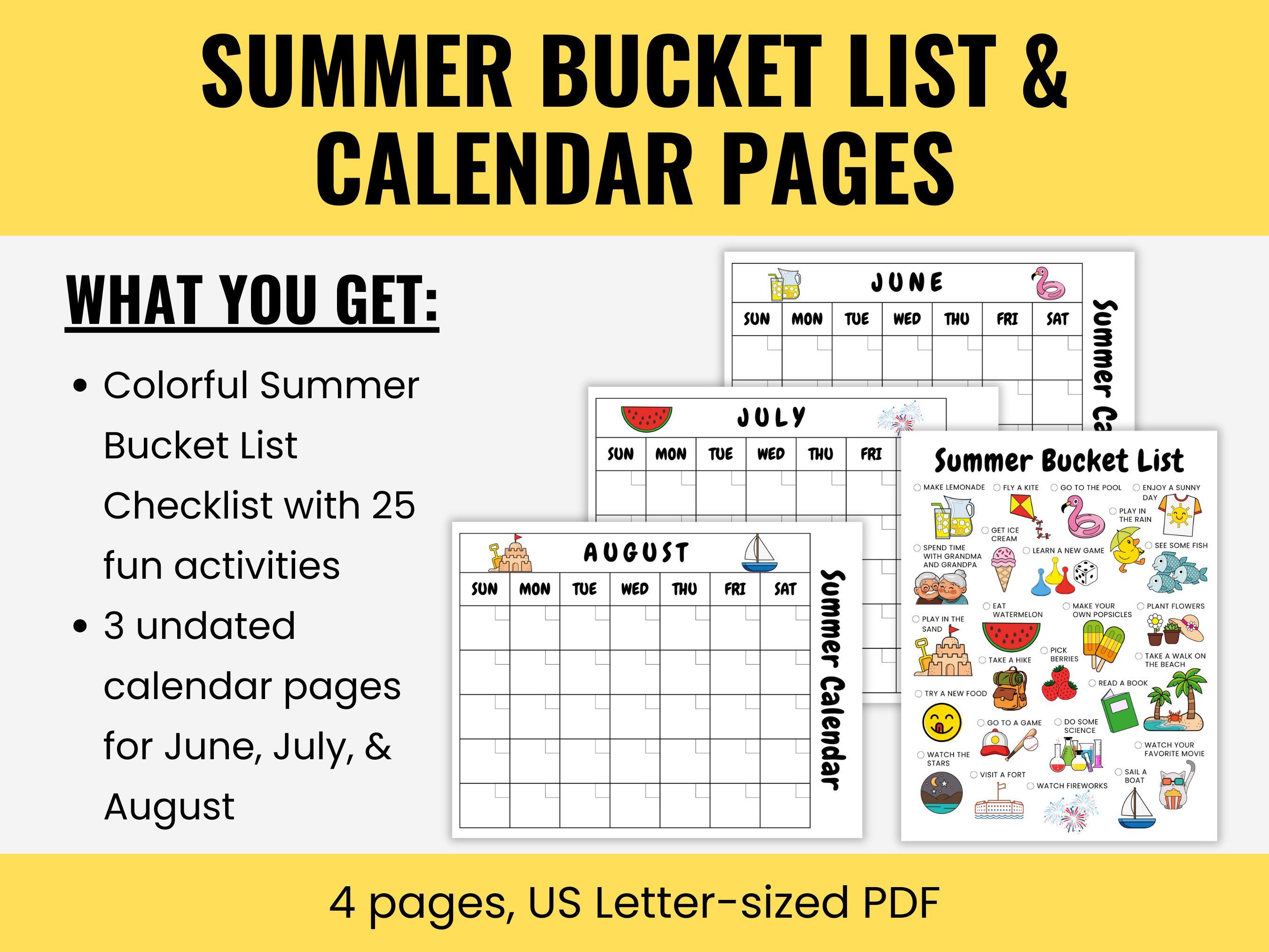 Summer Bucket List for Kids, Colorful Summer Checklist, Summer Break ...