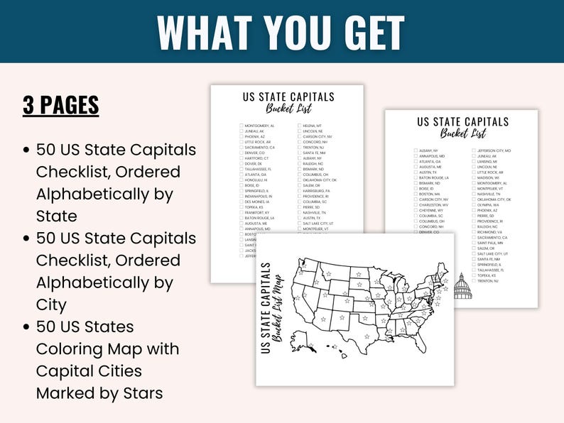 50 State Capitals Bucket List and Coloring Map, USA 50 States ...