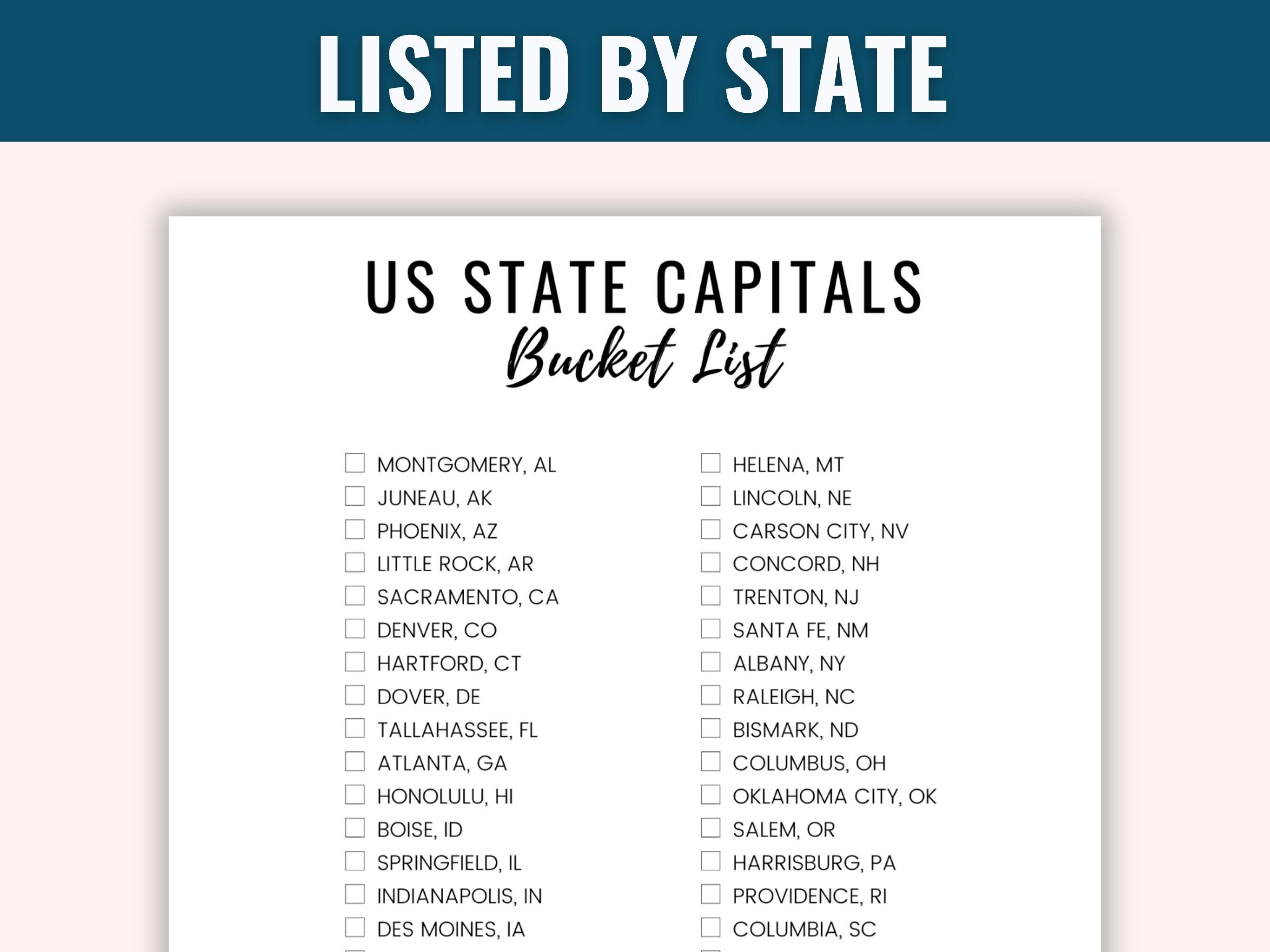 50 State Capitals Bucket List and Coloring Map, USA 50 States ...