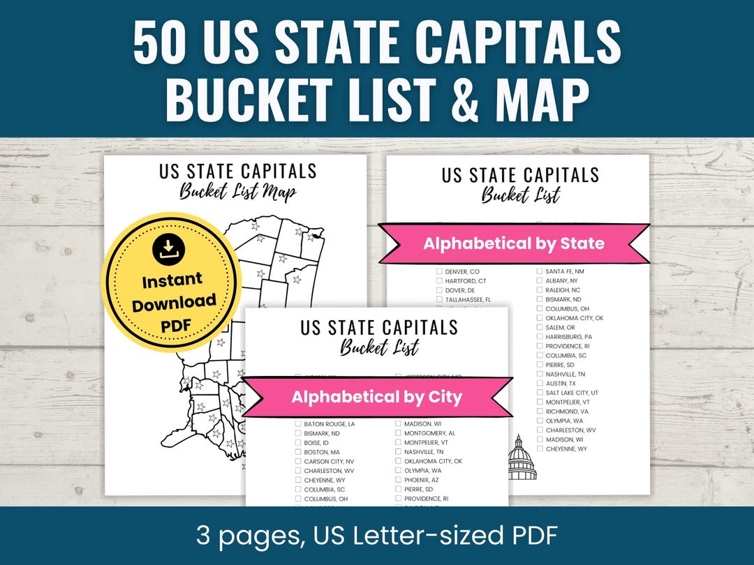 50 State Capitals Bucket List and Coloring Map, USA 50 States ...