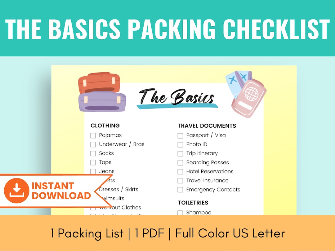 The Basics Travel Packing List PDF, Printable Packing Checklist ...