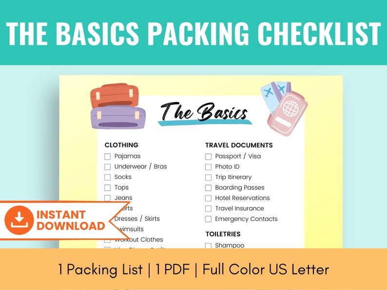 The Basics Travel Packing List PDF, Printable Packing Checklist ...