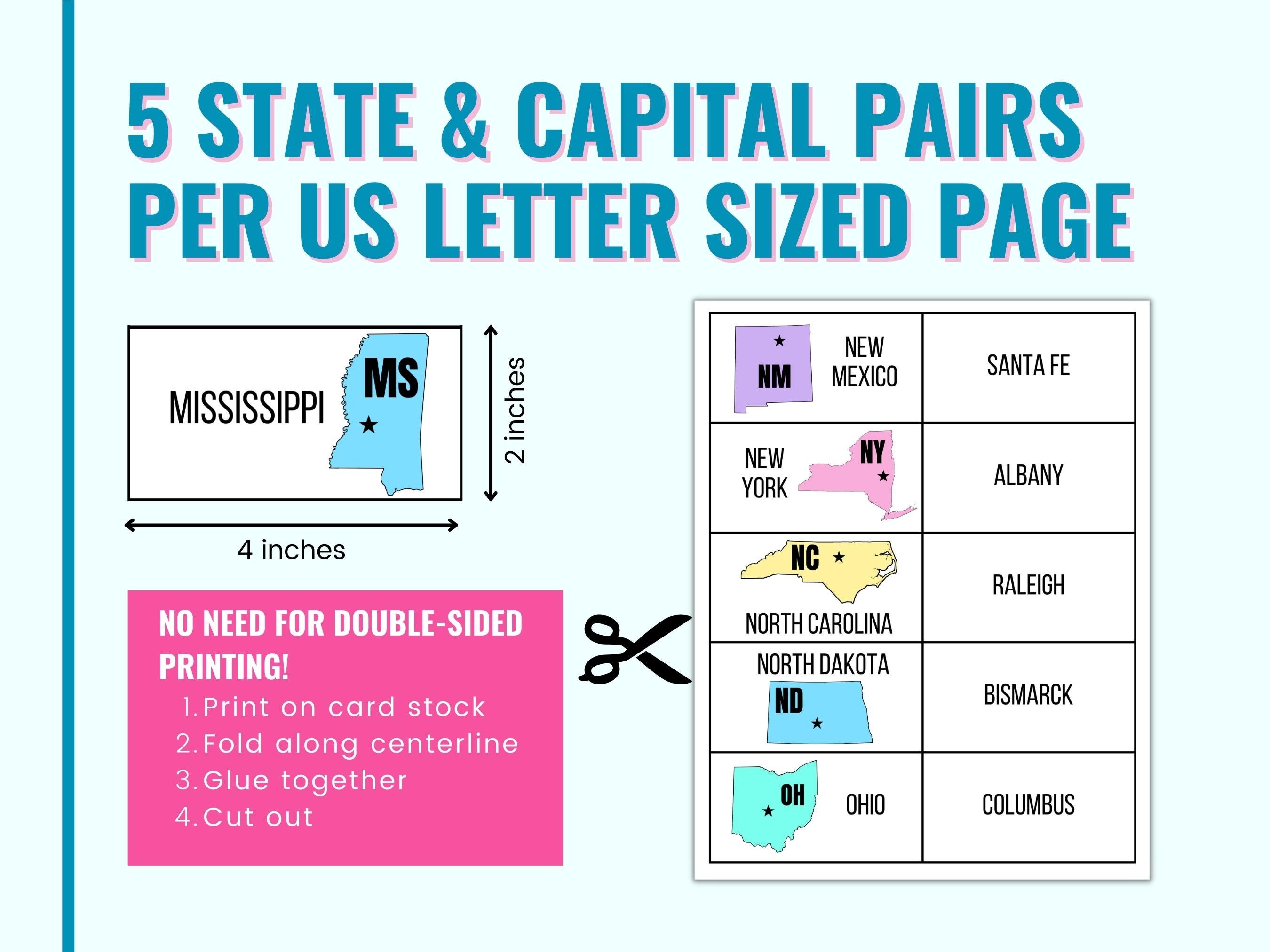 US States and Capitals Flash Cards, Printable States & Capitals ...