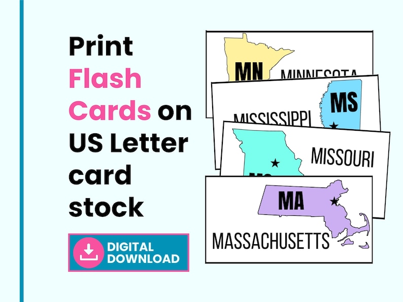 US States and Capitals Flash Cards, Printable States & Capitals ...