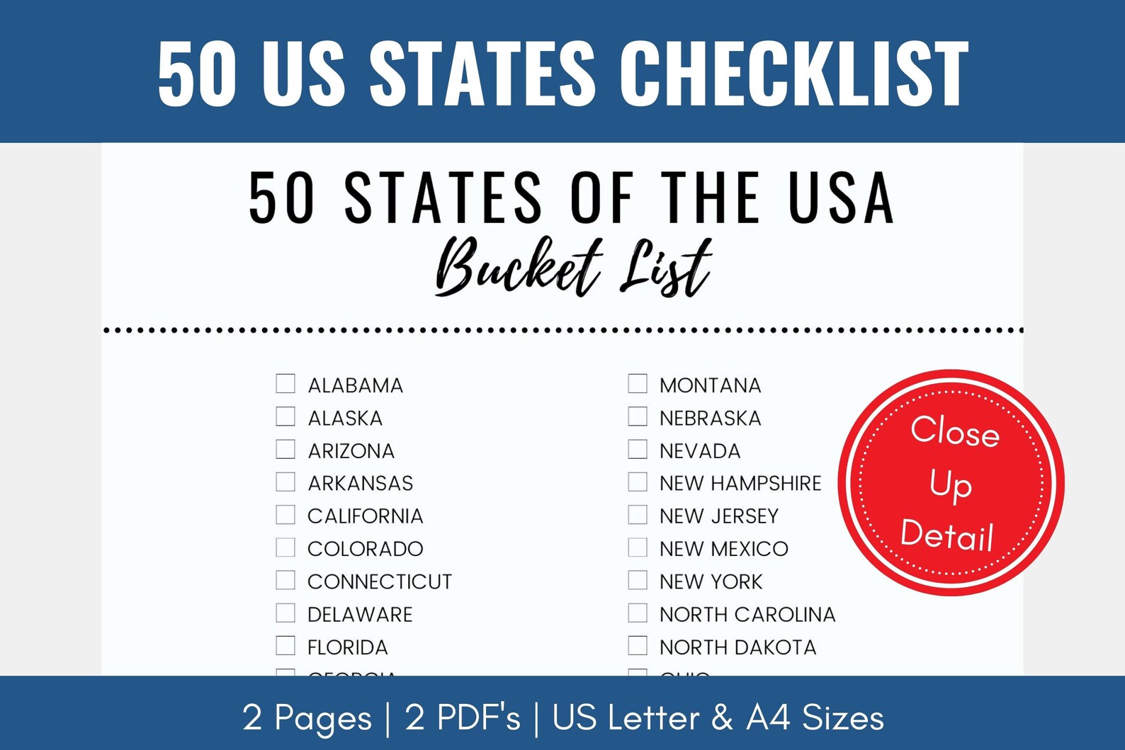 United States Bucket List and Coloring Map PRINTABLE, 50 States ...