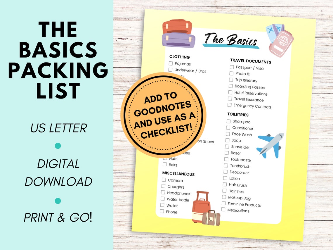 The Basics Travel Packing List PDF, Printable Packing Checklist ...