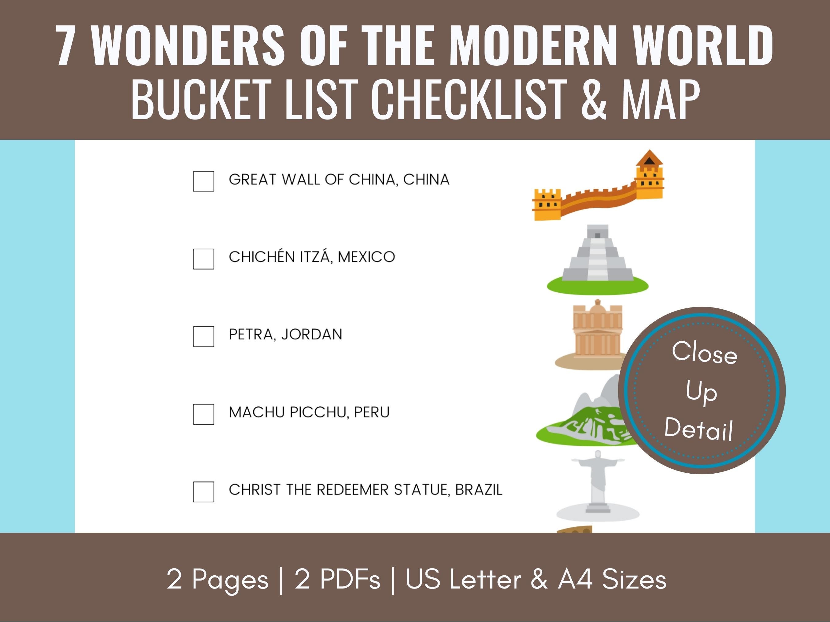 7 Wonders of the Modern World Bucket Checklist & Map, Printable Wonders ...