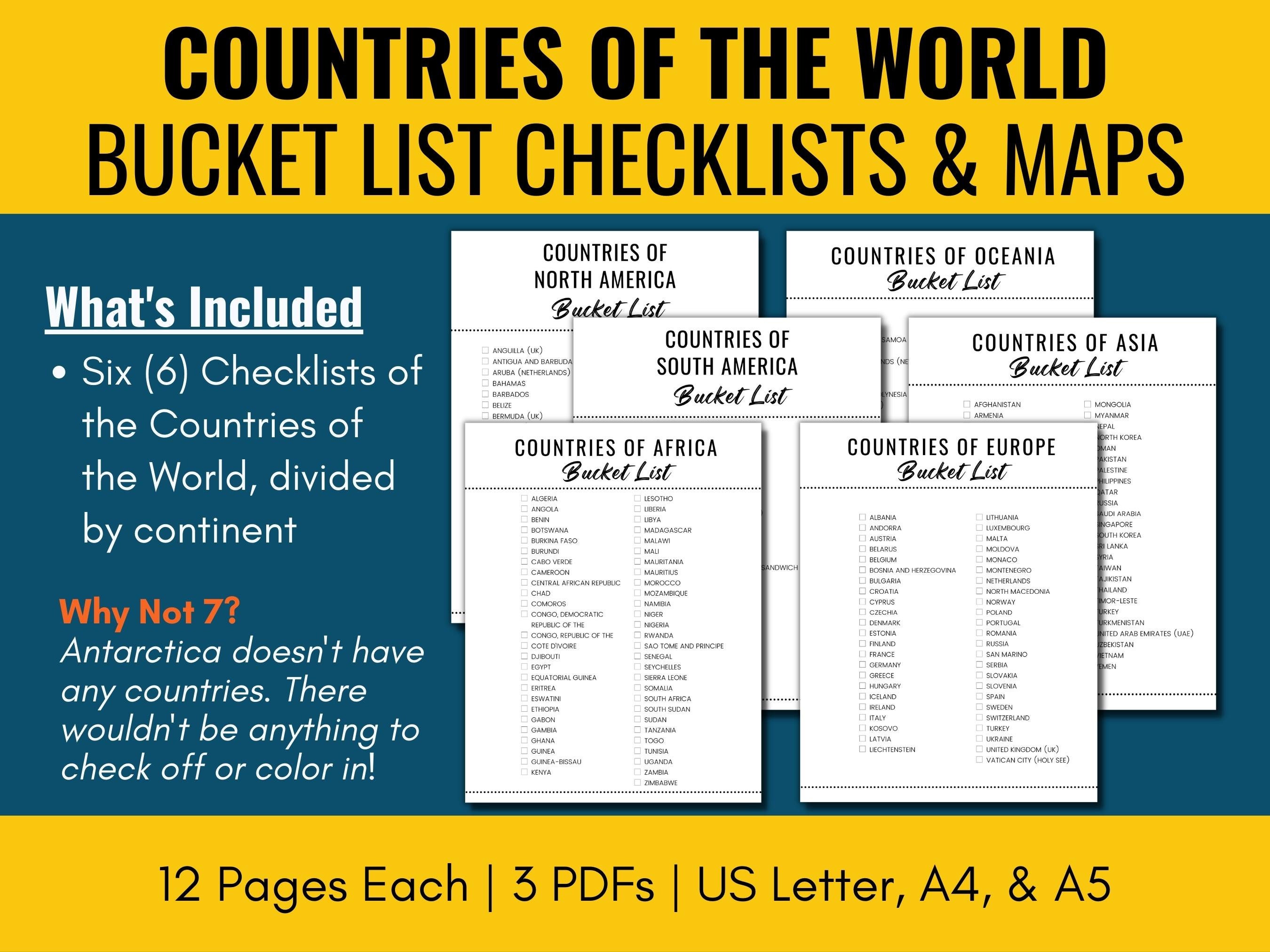 Countries of the World Bucket List Checklist & Map Bundle, 6 Printable ...