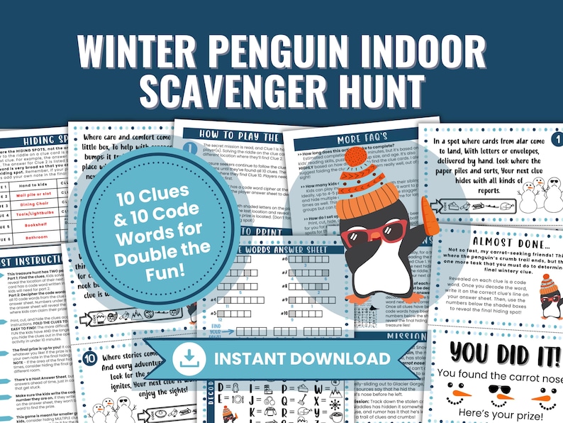 Indoor Winter Scavenger Hunt, Printable Winter Penguin Treasure Hunt ...