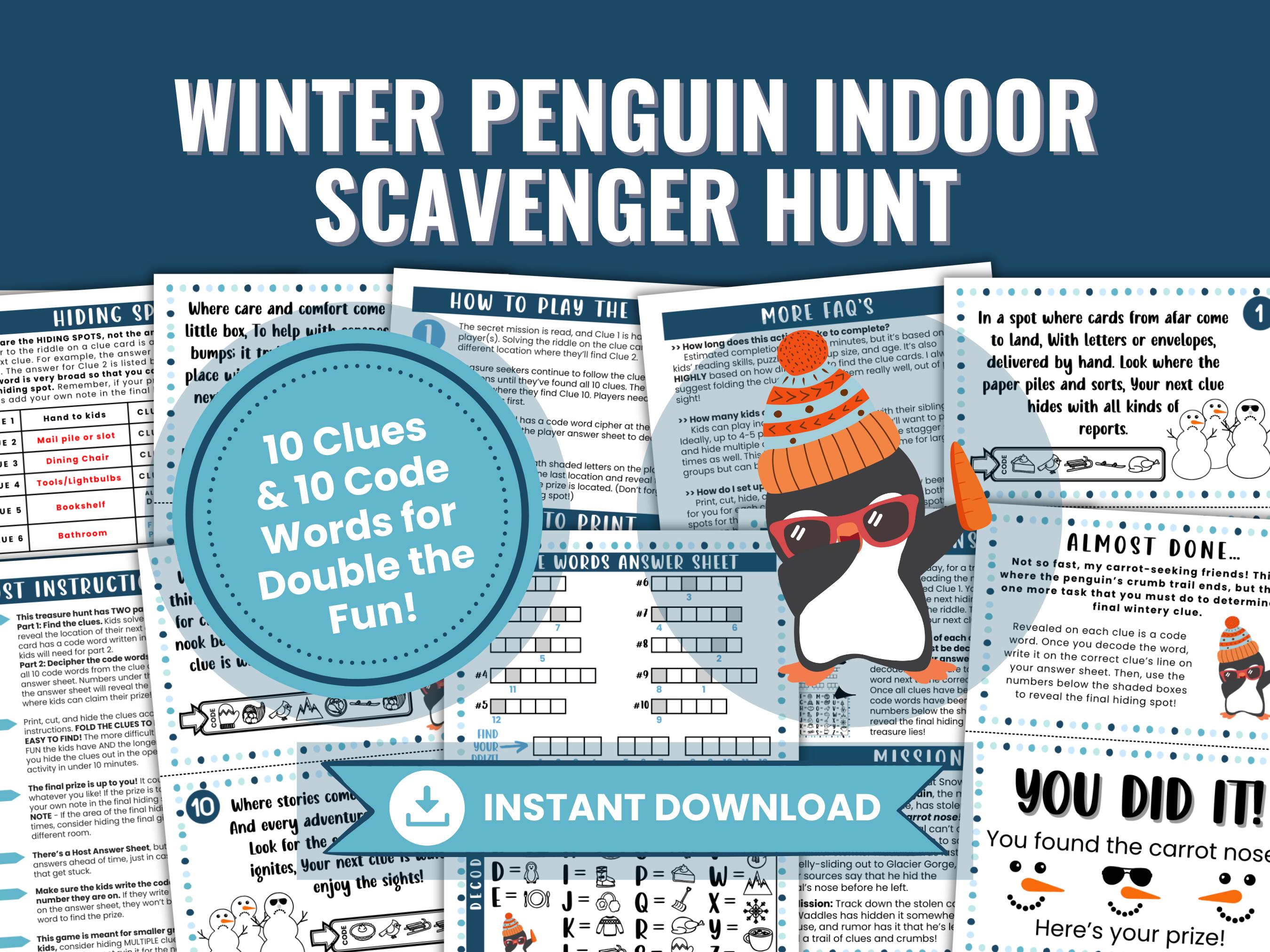 Indoor Winter Scavenger Hunt, Printable Winter Penguin Treasure Hunt ...