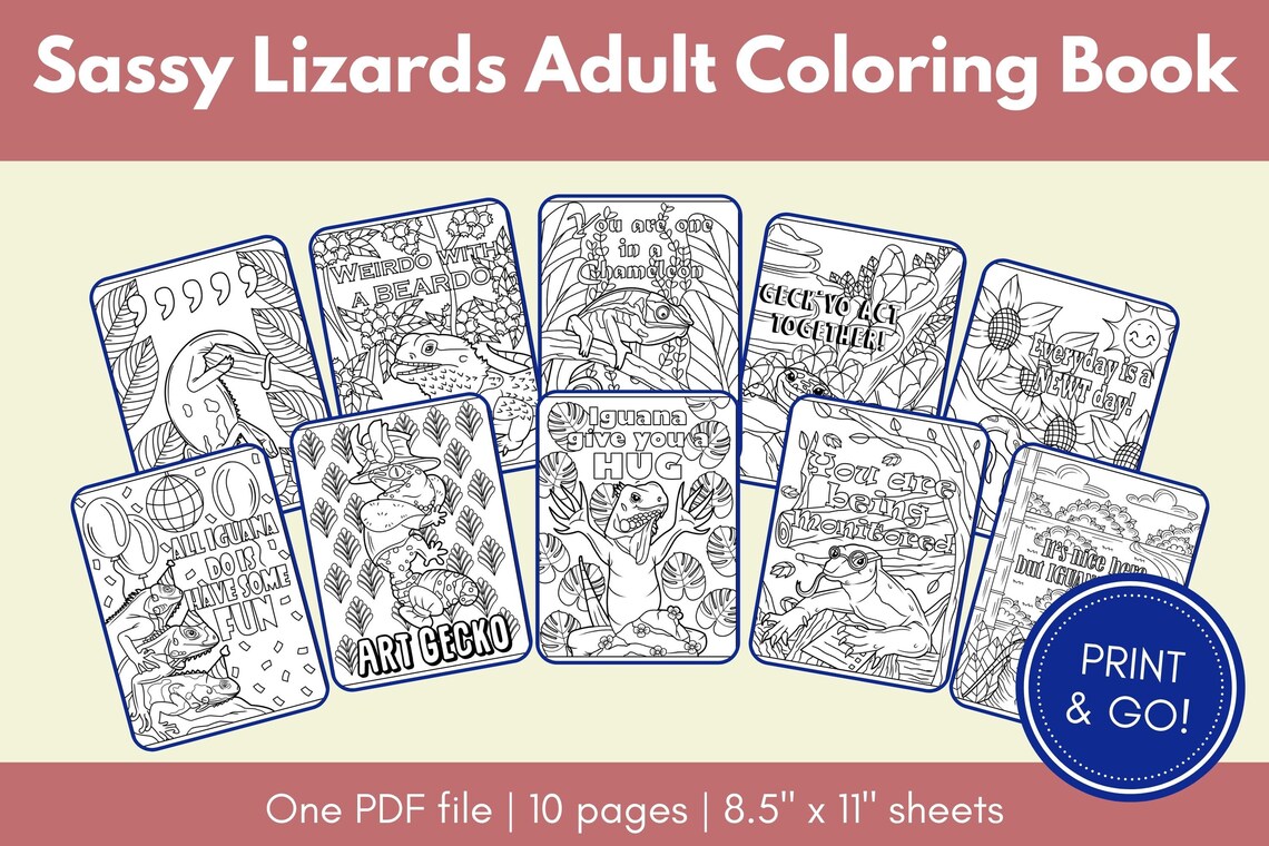 Sassy Lizards Adult Coloring Pages Printable Funny Adult | Etsy