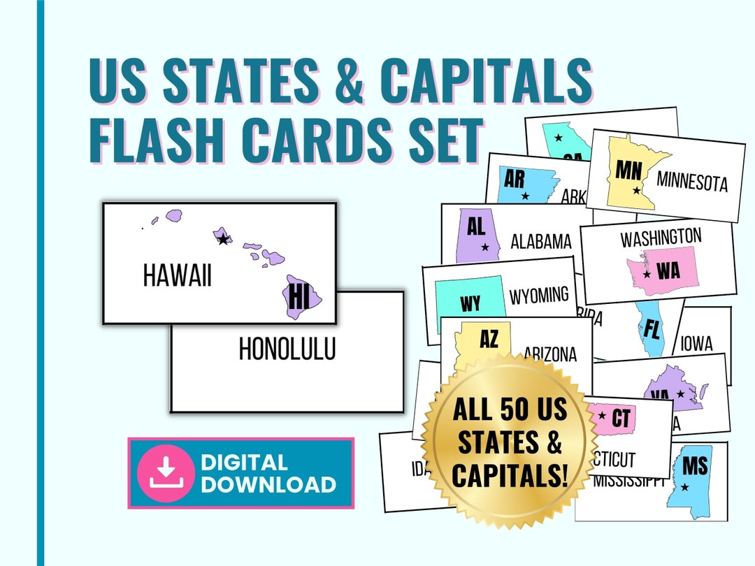 US States and Capitals Flash Cards, Printable States & Capitals ...