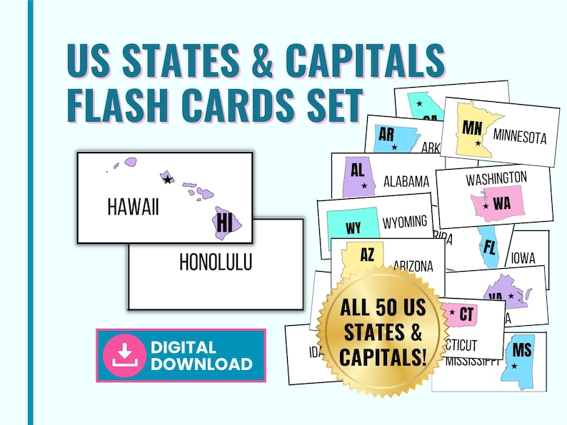 US States and Capitals Flash Cards, Printable States & Capitals ...
