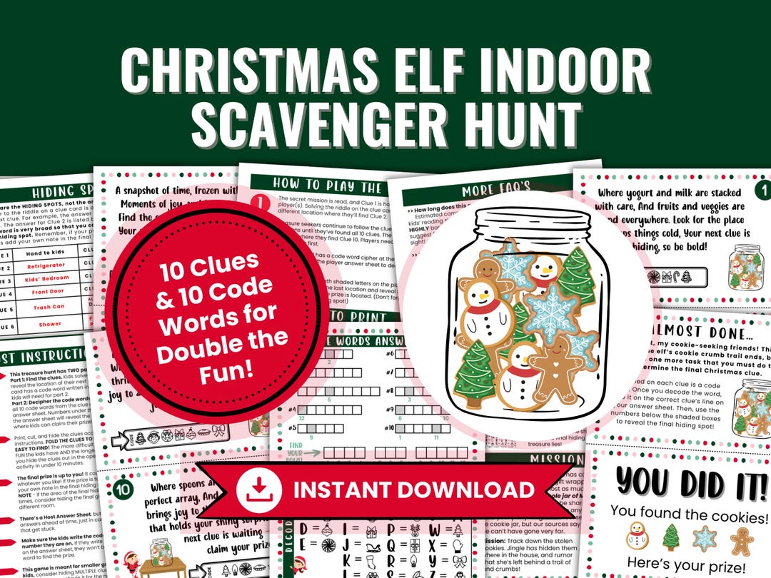 Indoor Christmas Scavenger Hunt, Printable Christmas Elf Treasure Hunt ...