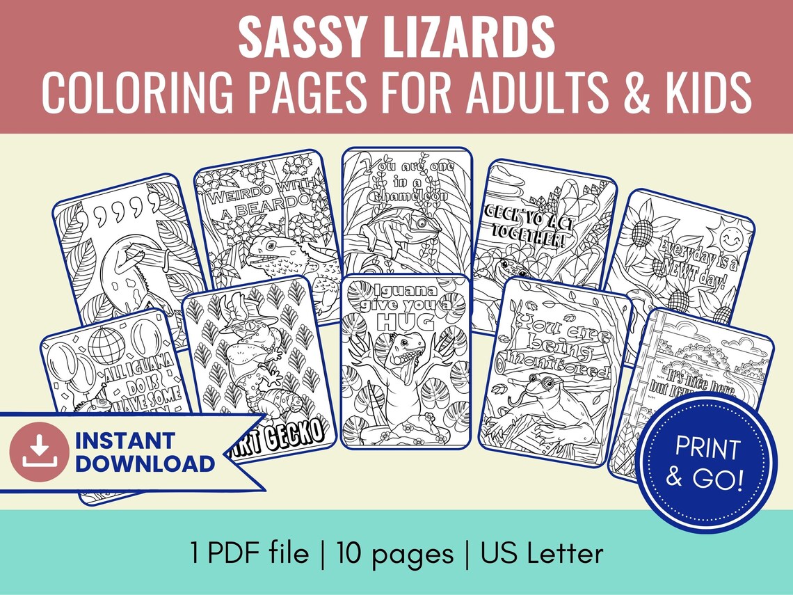 Sassy Lizards Adult Coloring Pages Printable Funny Adult - Etsy