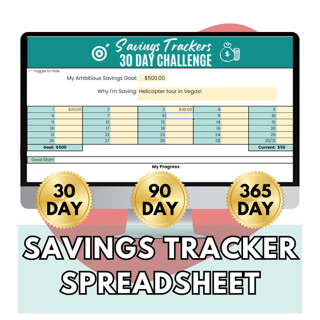 Savings Tracker Spreadsheet With Auto-updating Progress Bar; 30 Day, 90 ...