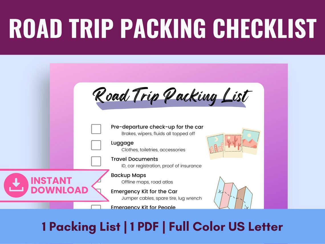 Road Trip Packing List PDF, Printable Road Trip Packing Checklist, Road Trip Vacation Checklist ...