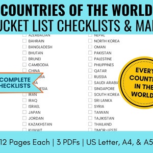 Countries of the World Bucket List Checklist & Map Bundle, 6 Printable ...