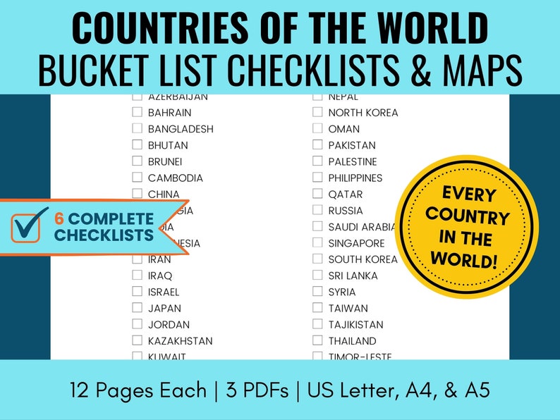 Countries of the World Bucket List Checklist & Map Bundle, 6 Printable ...