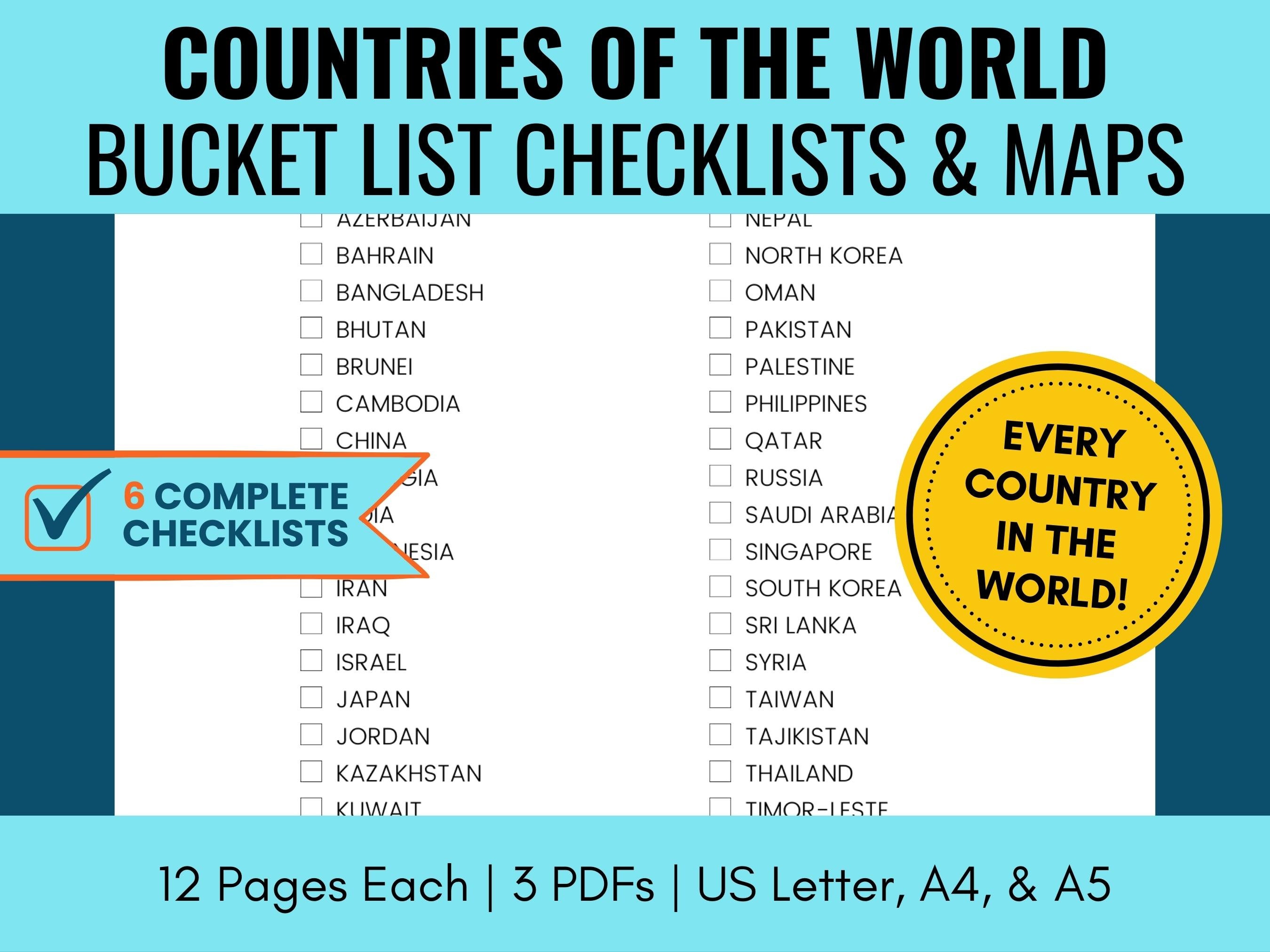 Countries of the World Bucket List Checklist & Map Bundle, 6 Printable ...