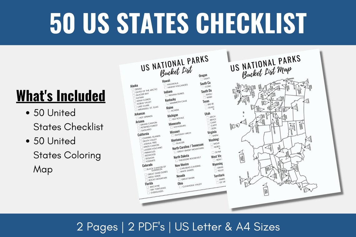 United States Bucket List and Coloring Map PRINTABLE, 50 States ...