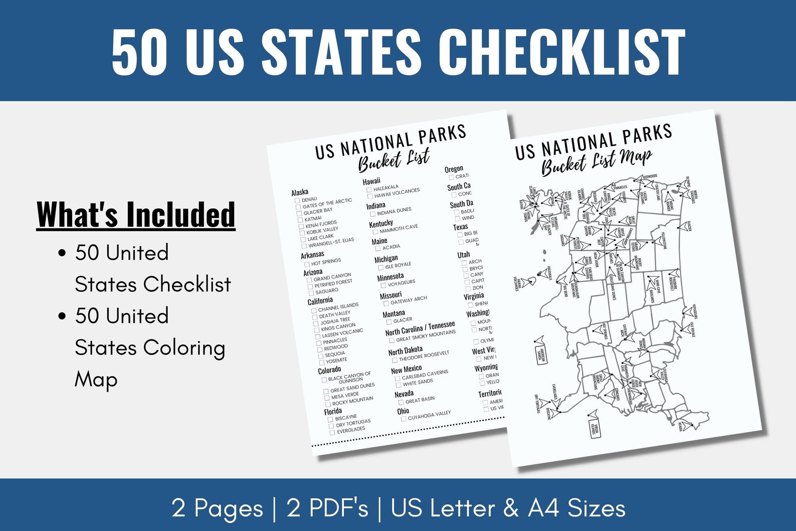 United States Bucket List and Coloring Map PRINTABLE, 50 States ...