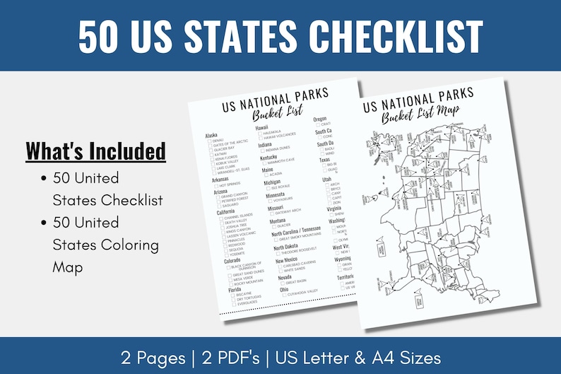 United States Bucket List and Coloring Map PRINTABLE, 50 States ...