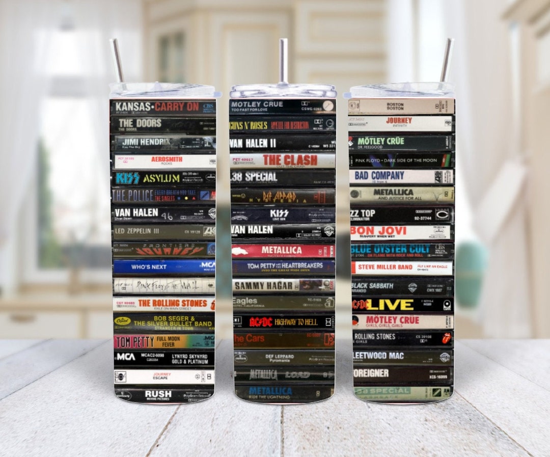 70s and 80s Rock Band Cassette Tapes 20 Oz Sublimated Stainless Steel ...