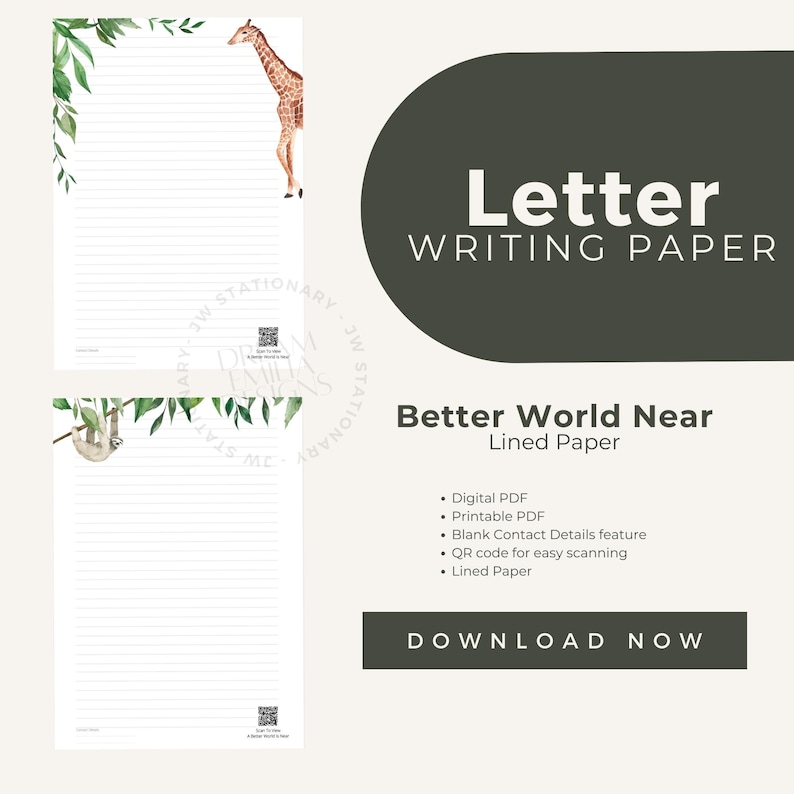 JW Stationery INSTANT DOWNLOAD, Letter Writing, Animal, Lined Paper, Qr ...