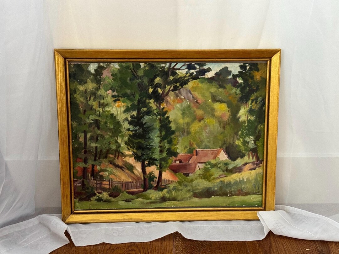 Vintage Midcentury French Countryside Cottage Landscape Framed Oil on ...