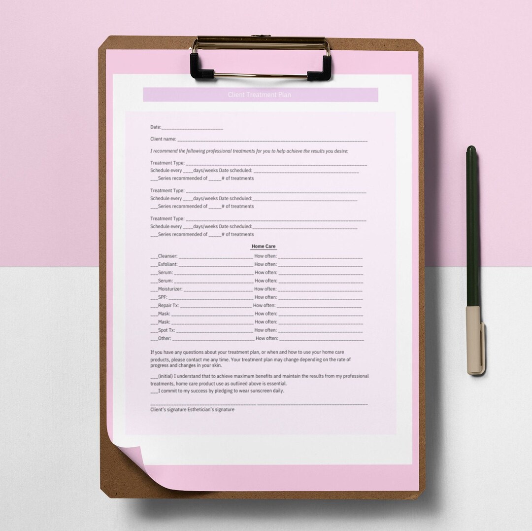 Client Treatment Plan Template Editable Digital, Esthetician Client ...