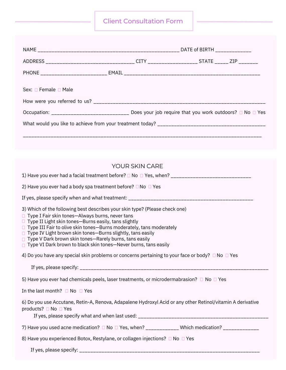 Client Consultation Form Editable Digital, Esthetician Client Intake ...