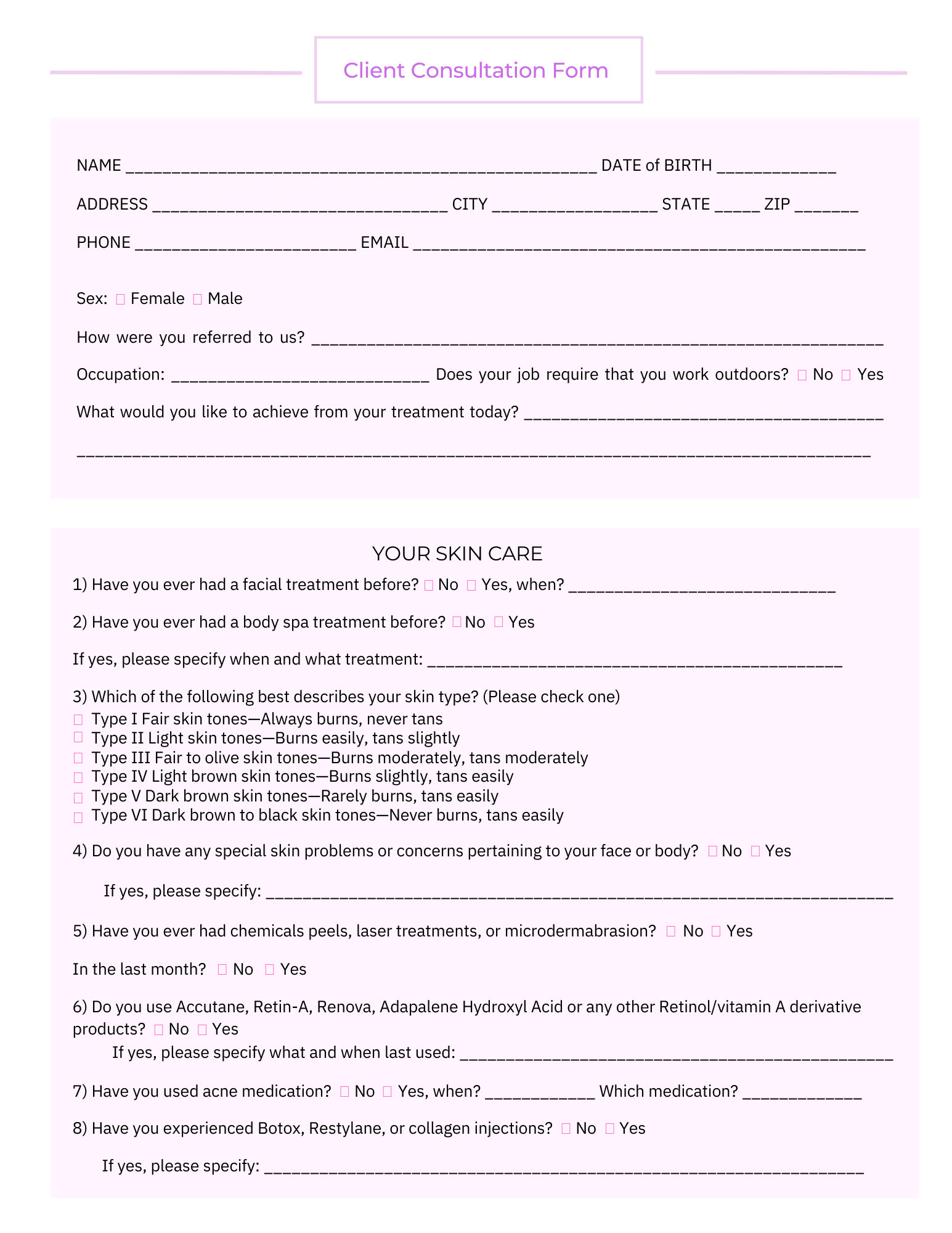 Client Consultation Form Editable Digital, Esthetician Client Intake ...