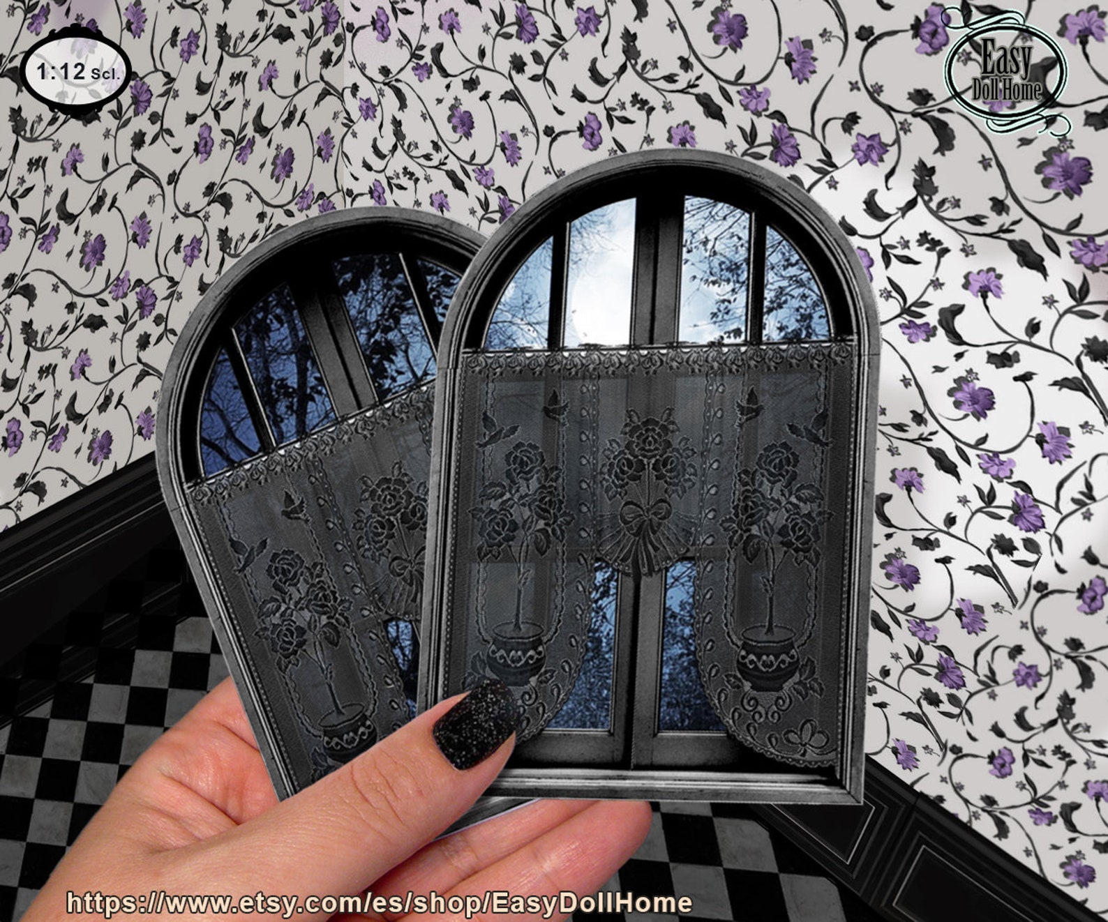 1:12 Scale, Dollhouse Black Windows, Wednesday Addams Inspired, Gothic ...