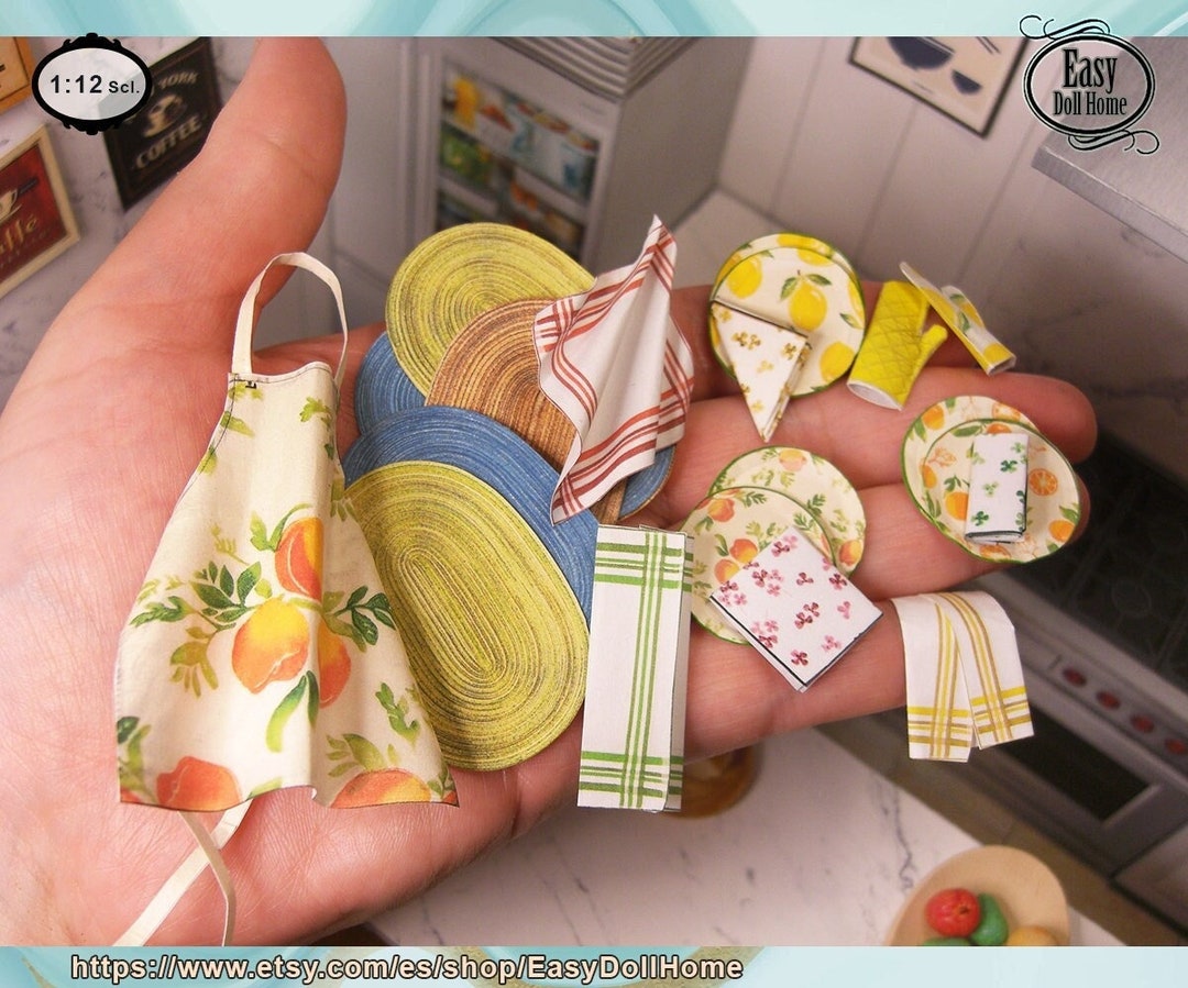 1:12 Kitchen Textile Set Miniature, Apron, Plates, Napkins, Tea Towels ...