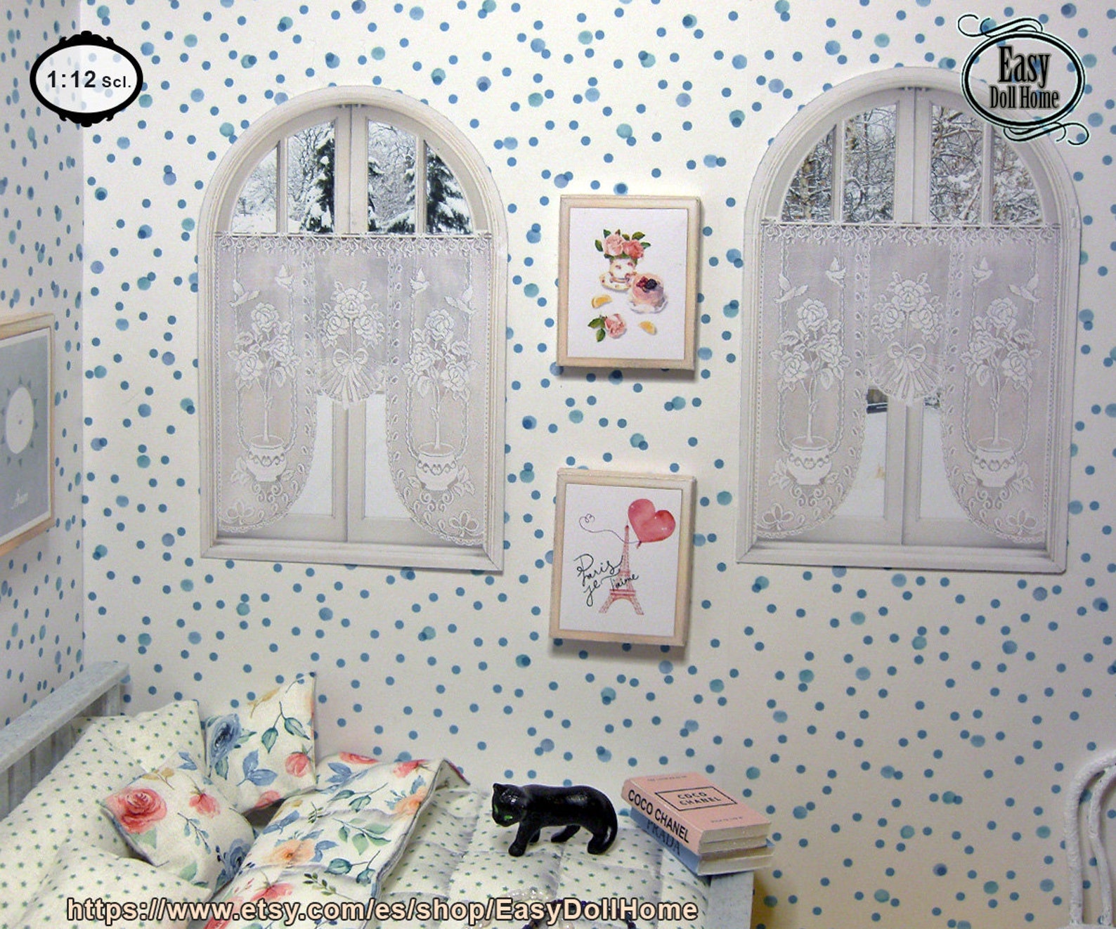 1:12 Scale Dollhouse Wallpaper, Blue Watercolor Dots (printable ...