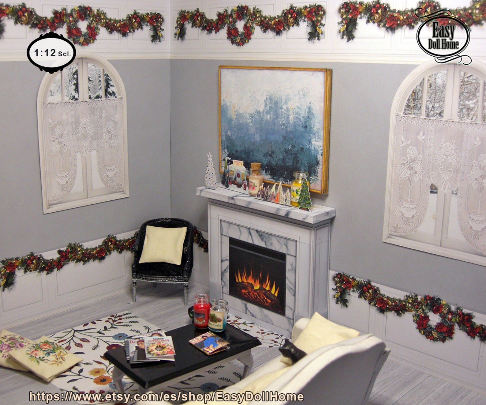 1:12 Scale Dollhouse Wallpaper, Wood Panel, Christmas Decoration ...