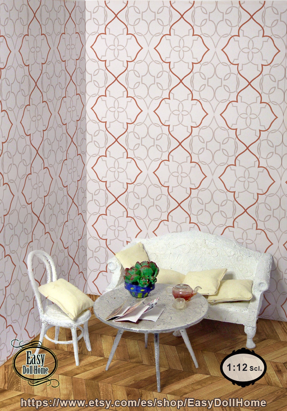 1:12 Scale, 4 Dollhouse Wallpapers, Different Tones Arabesque, Modern ...
