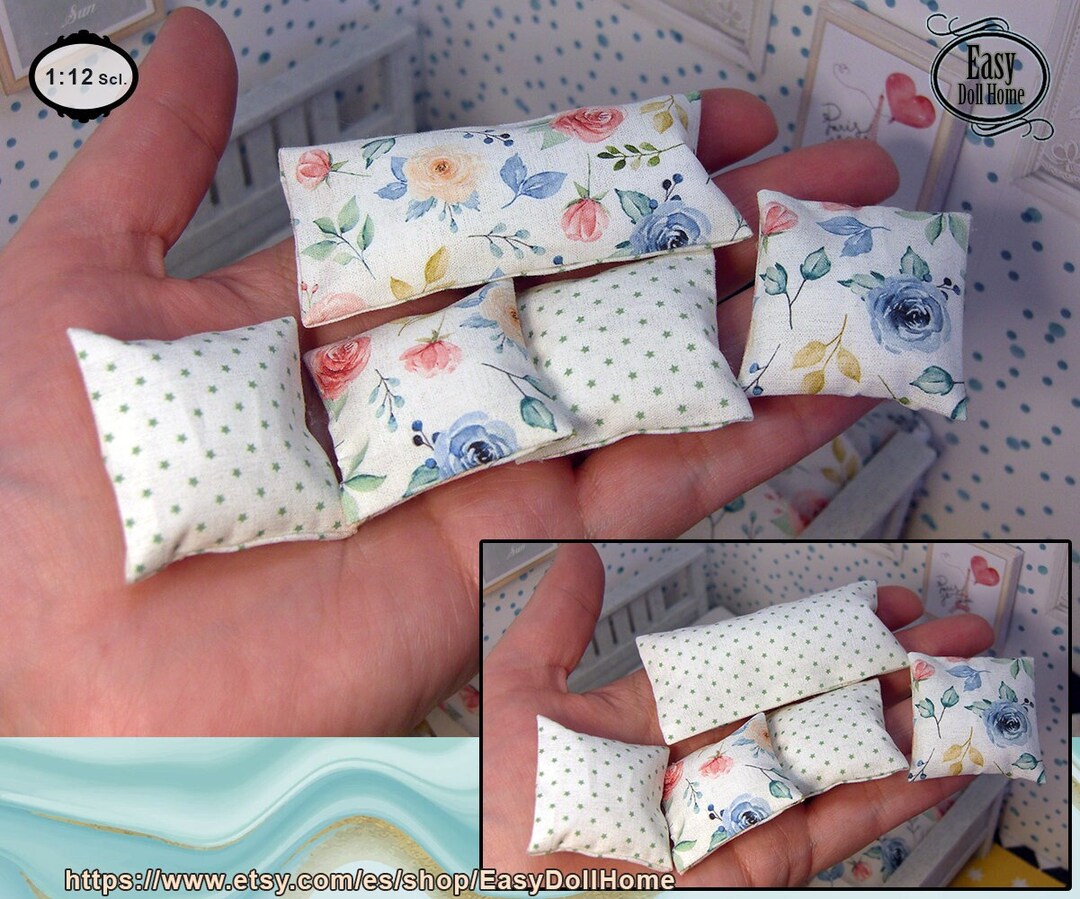 1:12 Scale Miniature Pillows, Cushions, Pastel Roses, Green Stars ...