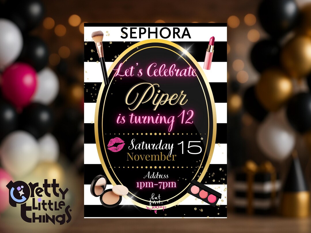 Sephora Birthday Invitation, Glam Makeup Party Invite, Black White ...