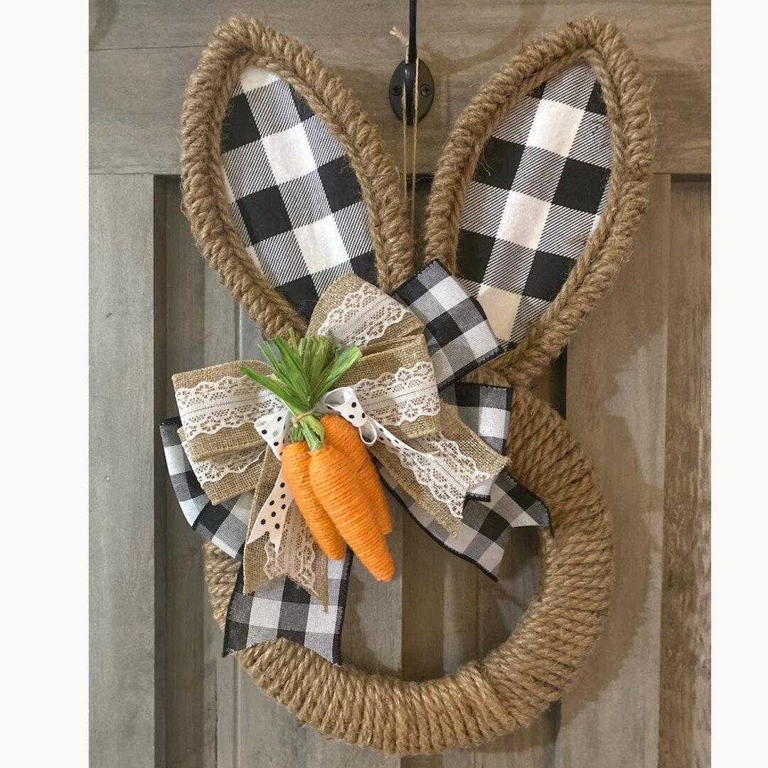 Farmhouse Bunny Wreath, Easter Wreath, Bunny Decor, Buffalo Check ...
