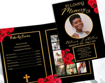 4 Page Red Roses Tabloid Funeral Program With Red Roses With Gold. Size ...
