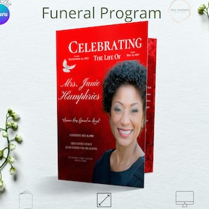 Red Roses Funeral Program Template: Celebration of Life (8 Pages, Canva ...