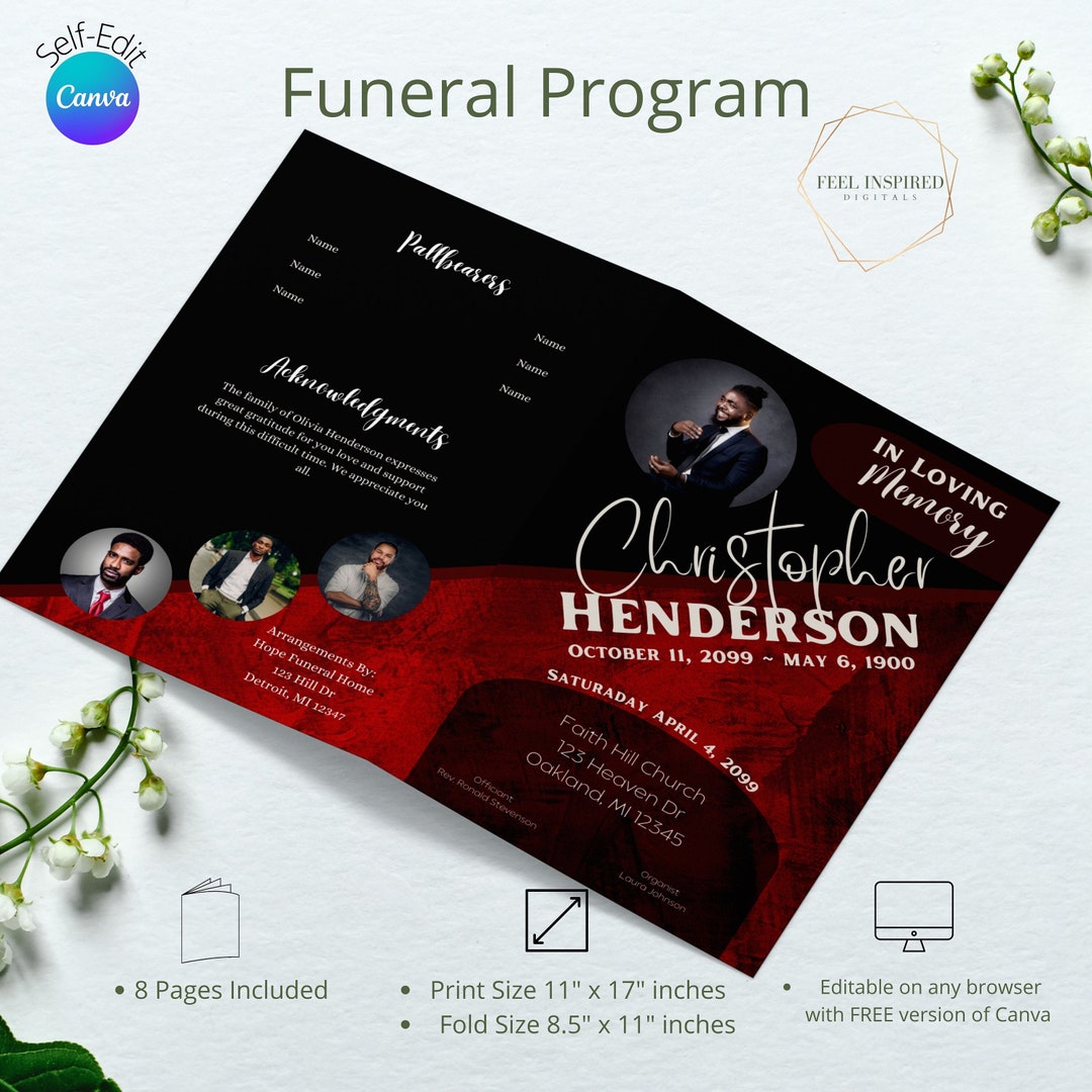 8 Page Red and Black Elegant Funeral/memorial Program. Canva Template ...