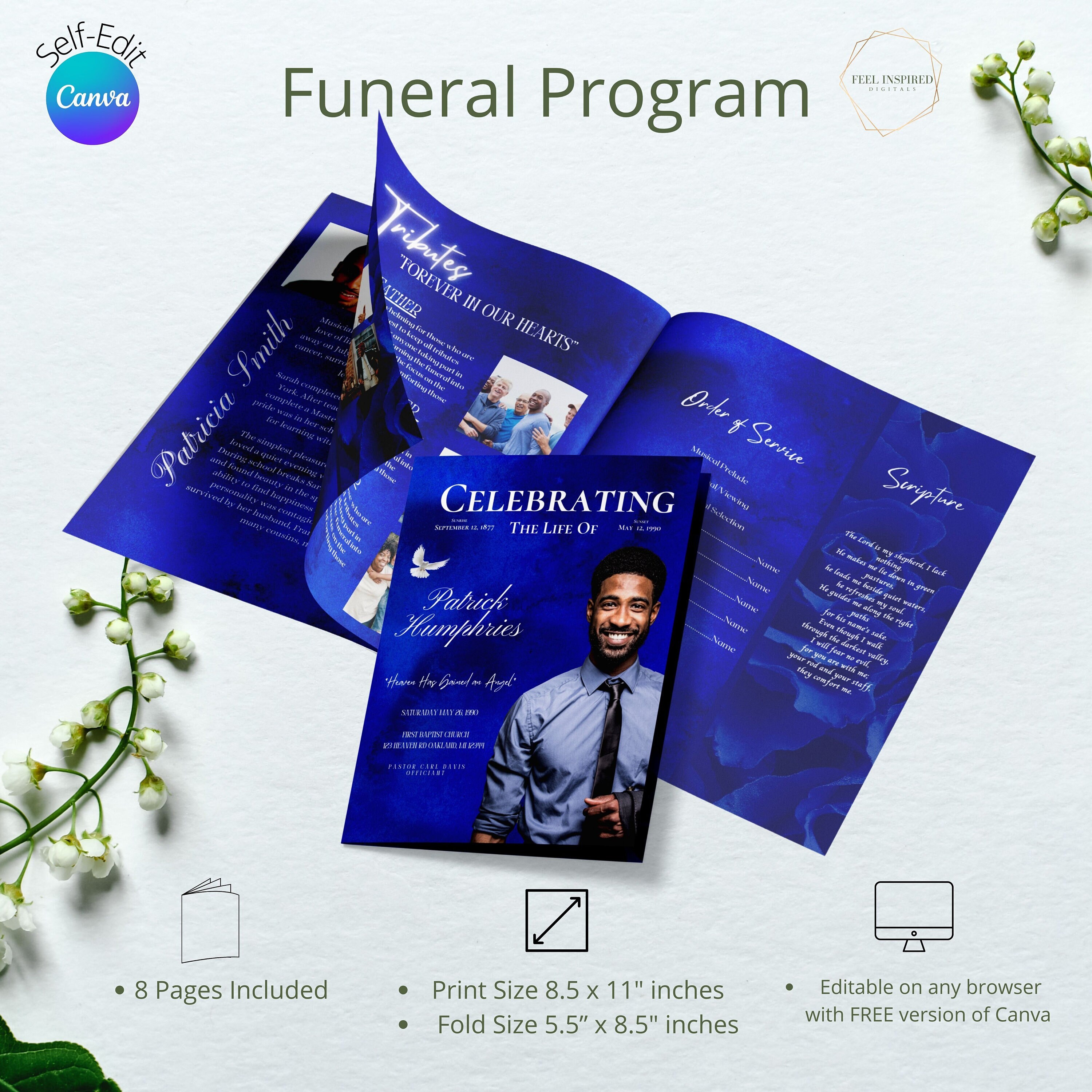 Royal Blue Funeral Program Template: 8-page Obituary (8.5x11 Inches ...
