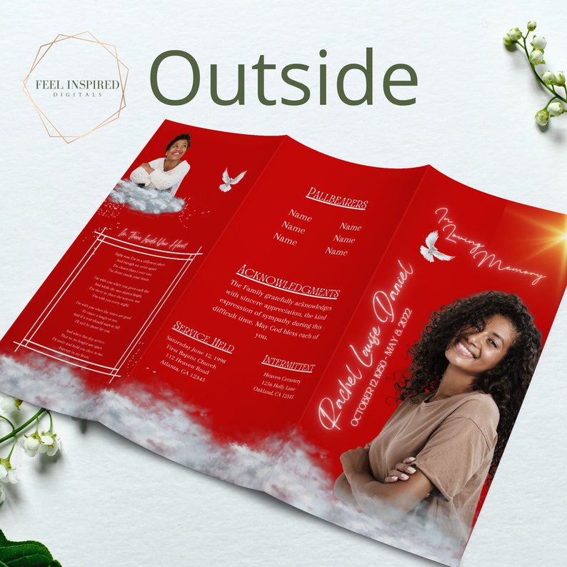Tri-fold Red Funeral Program With Clouds. Tabloid Size 17x11 Inches ...