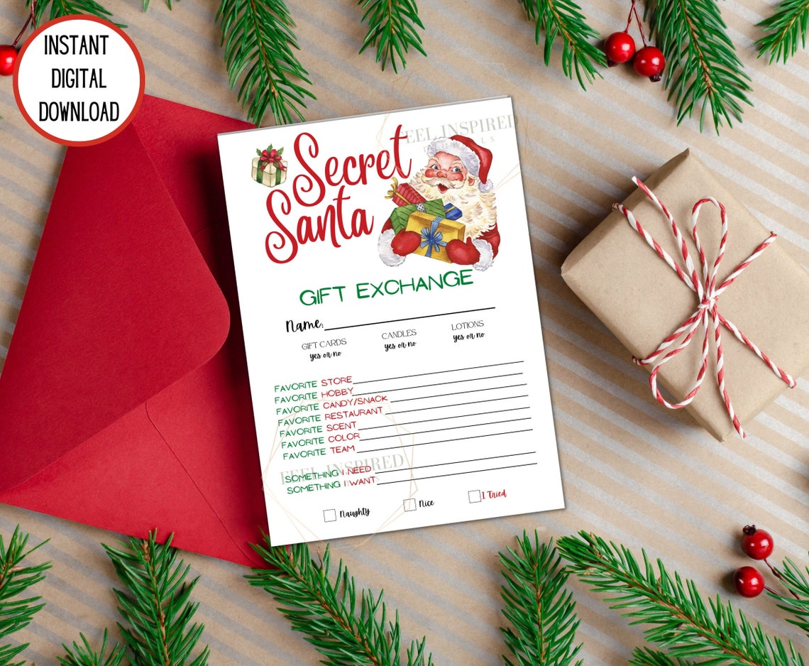 Printable Secret Santa Gift Exchange Questionnaire. Gift Ideas - Etsy