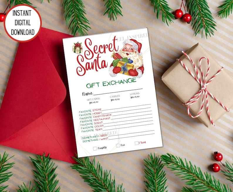 Printable Secret Santa Gift Exchange Questionnaire. Gift Ideas - Etsy