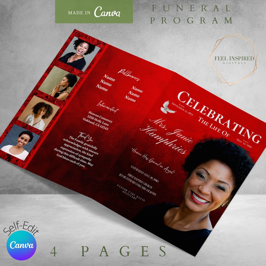 4 Page Red Roses Tabloid Funeral Program With Red Roses With Gold. Size ...