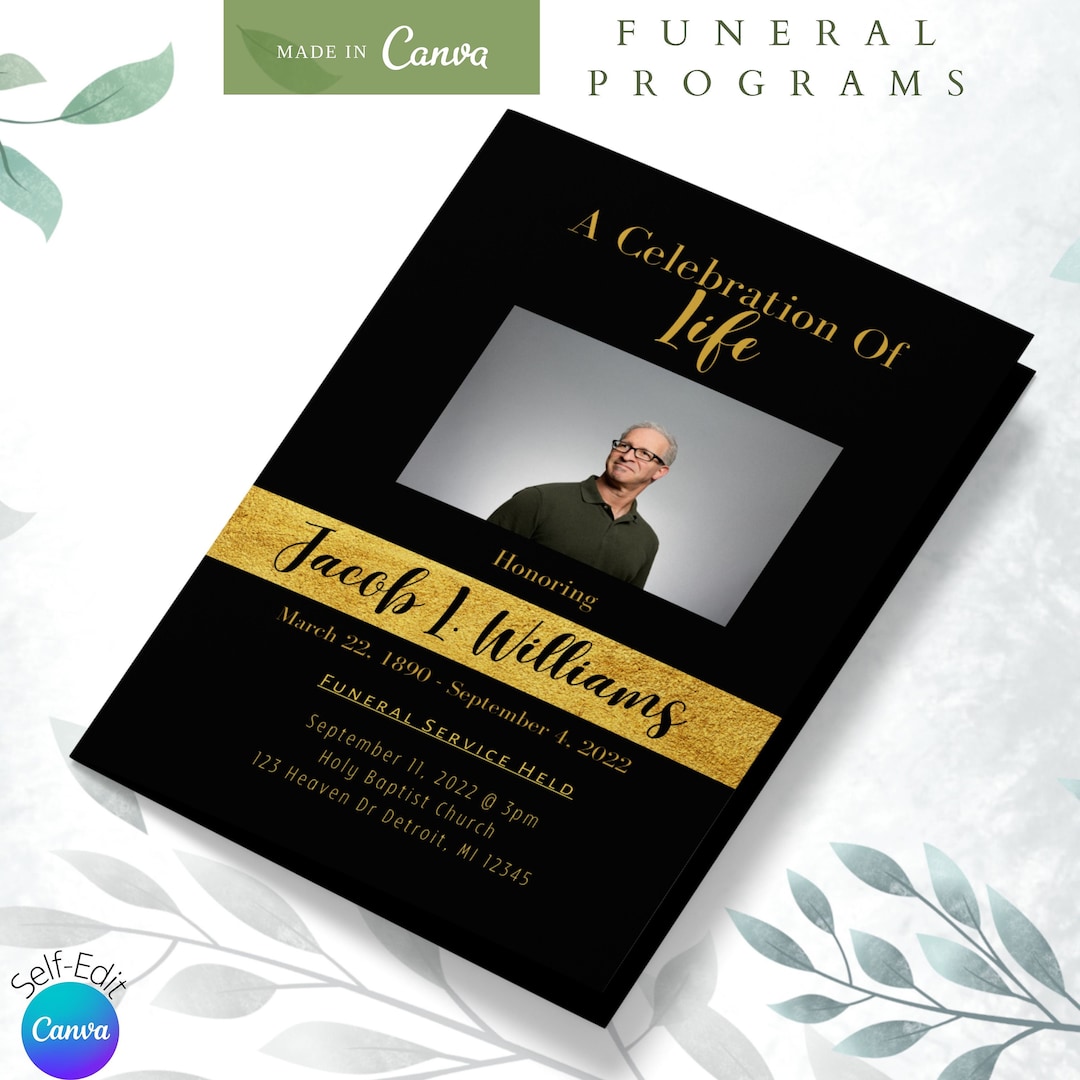 Funeral Program in Black and Gold. Obituary. Celebration of Life Canva ...